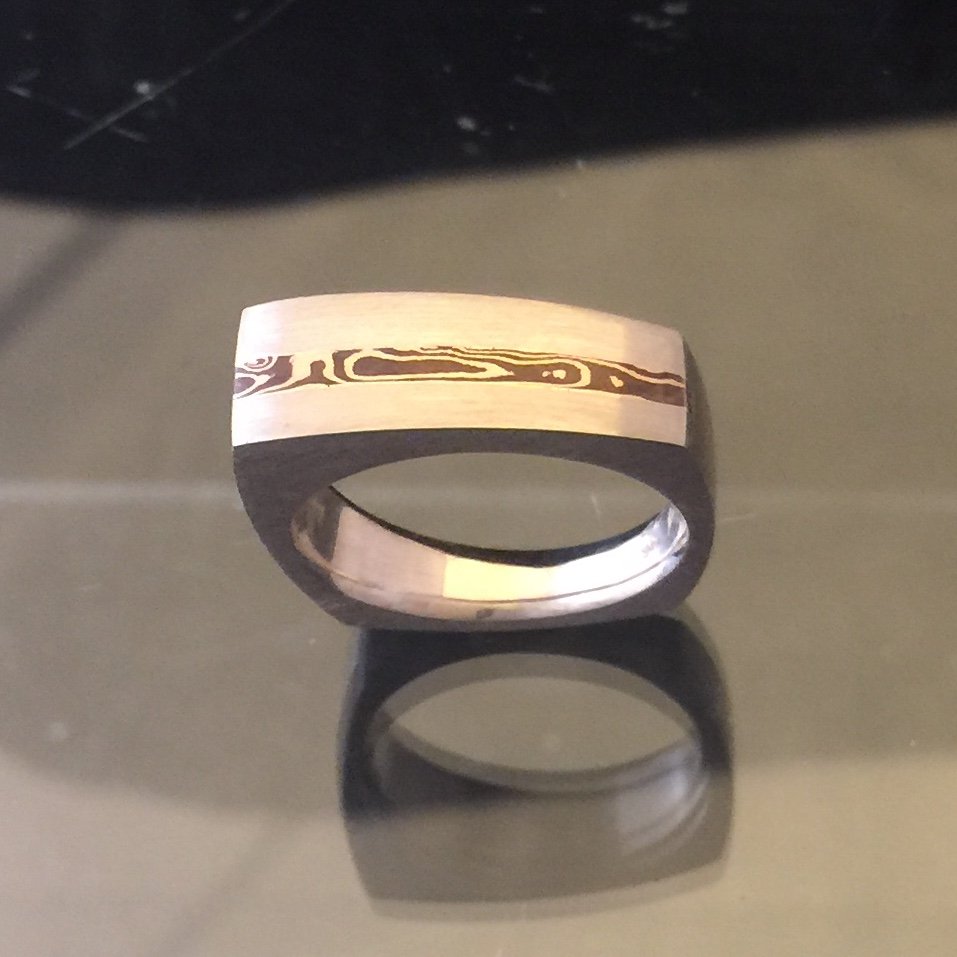 AMS solid cast Palladium Silver Ring AgPd alloy with thin Mokume Gane inlay stripe 14KR Shakudo Art Metals Studio